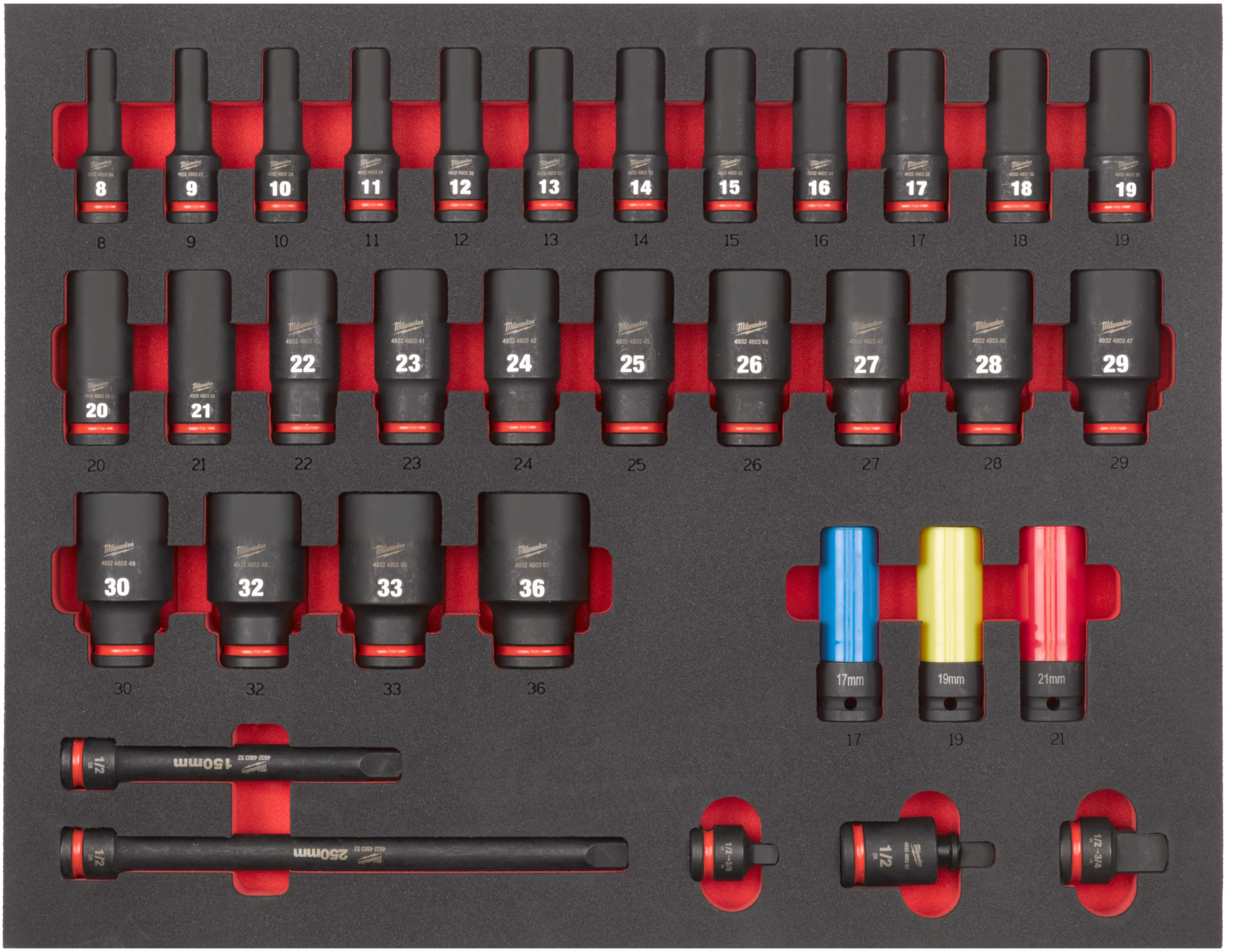 MILWAUKEE 4932493394 SHOCKWAVE lange doppenset 1/2" in foam inzetstuk ...
