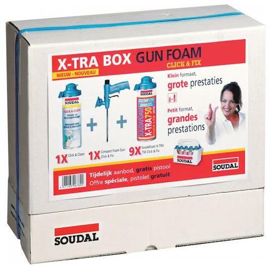 SOUDAL Soudafoam X-tra Click&Fix PU pistoolschuim met hoge opbrengst (9x750ml) + Click&Clean ...