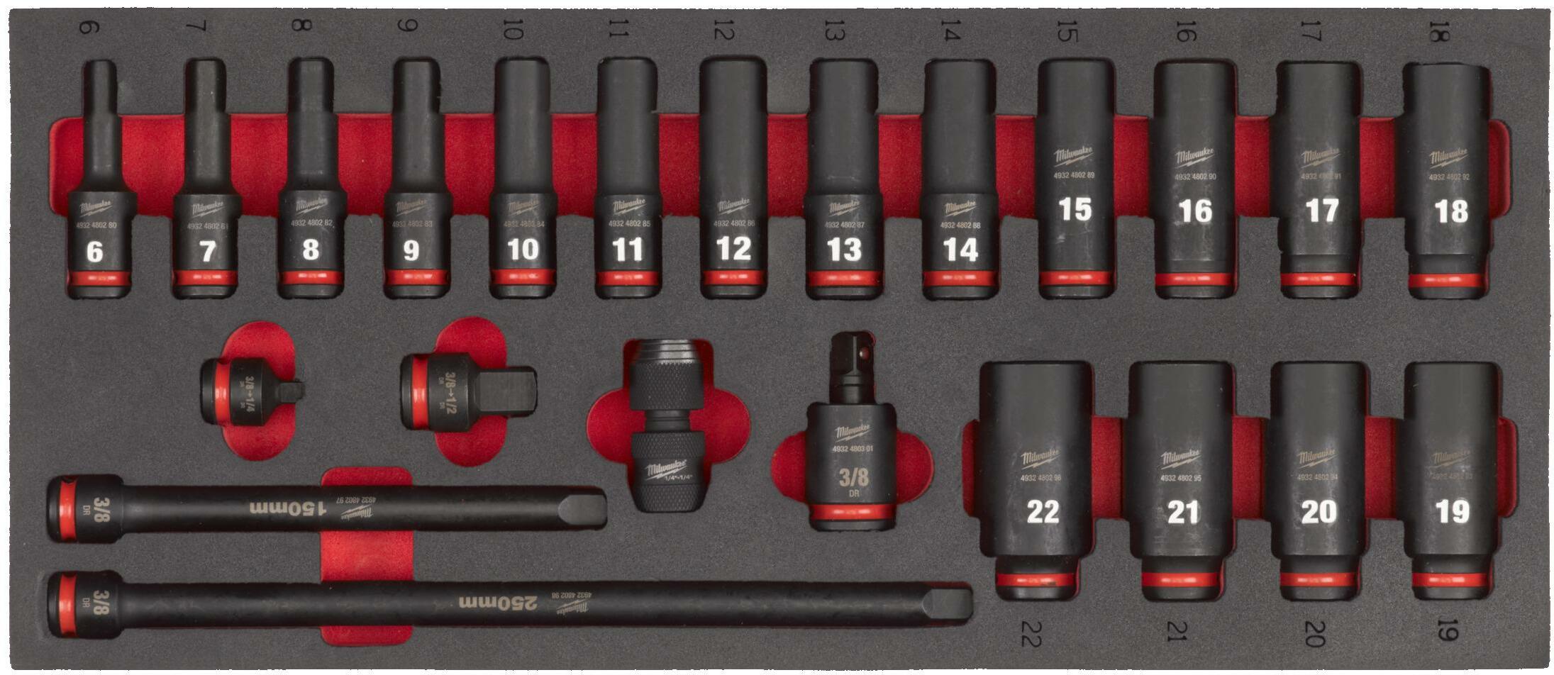 MILWAUKEE 4932493390 SHOCKWAVE lange doppenset 3/8" in foam inzetstuk