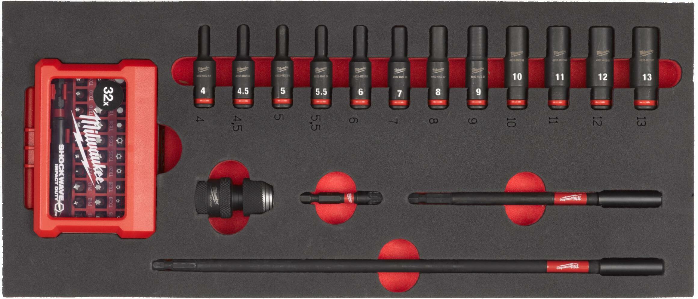 MILWAUKEE 4932493386 SHOCKWAVE lange doppenset 1/4" in foam inzetstuk ...