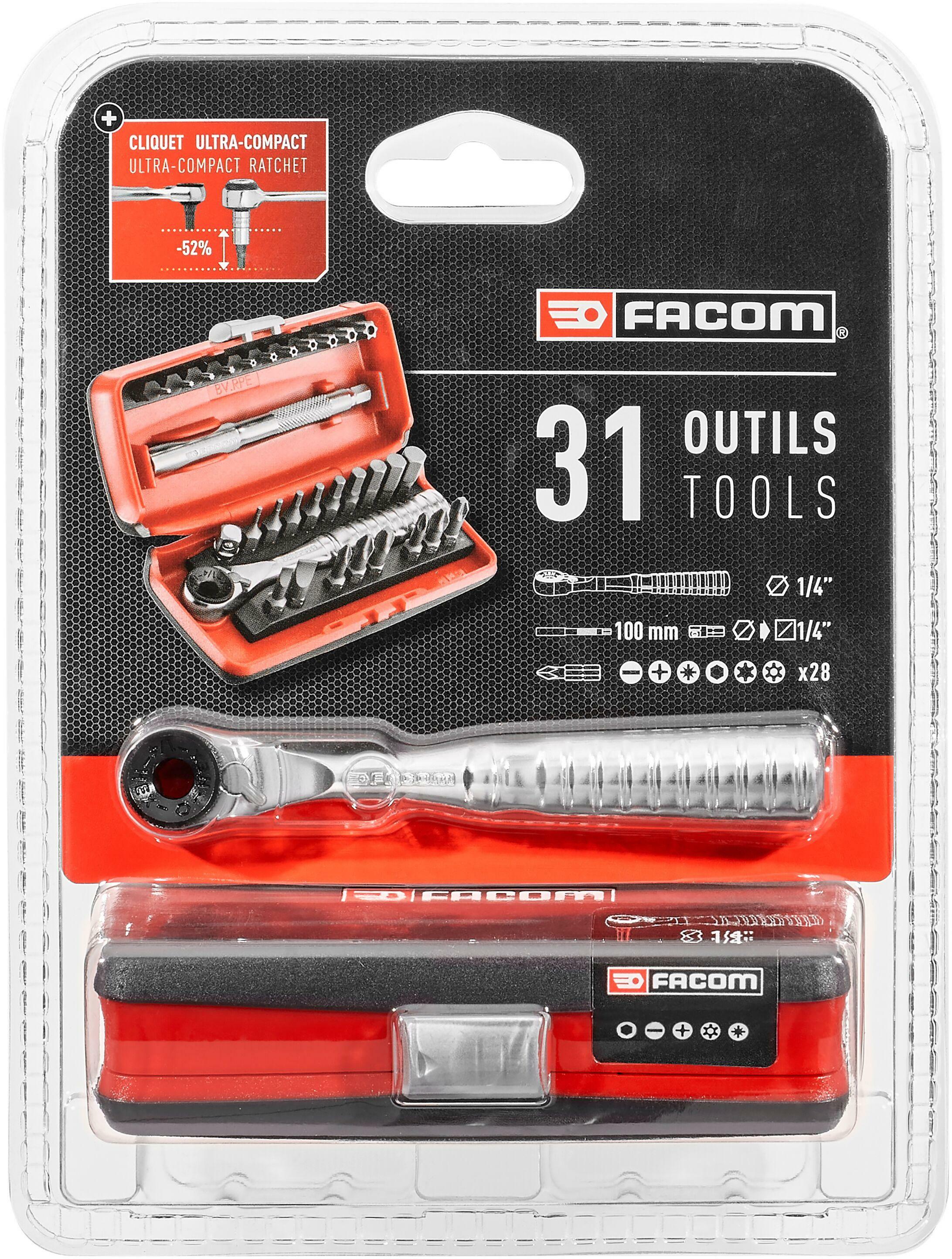FACOM R.PEJ31PB ultra compact ratchet spanner with bit holder 1/4" + 31-piece bit set in storage ...