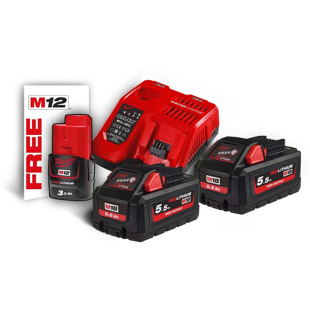 MILWAUKEE M18 HNRG-552 accu-laadset (2x 18V 5,5Ah/1x 12V 3,0Ah accu + M12-18 FC snellader ...