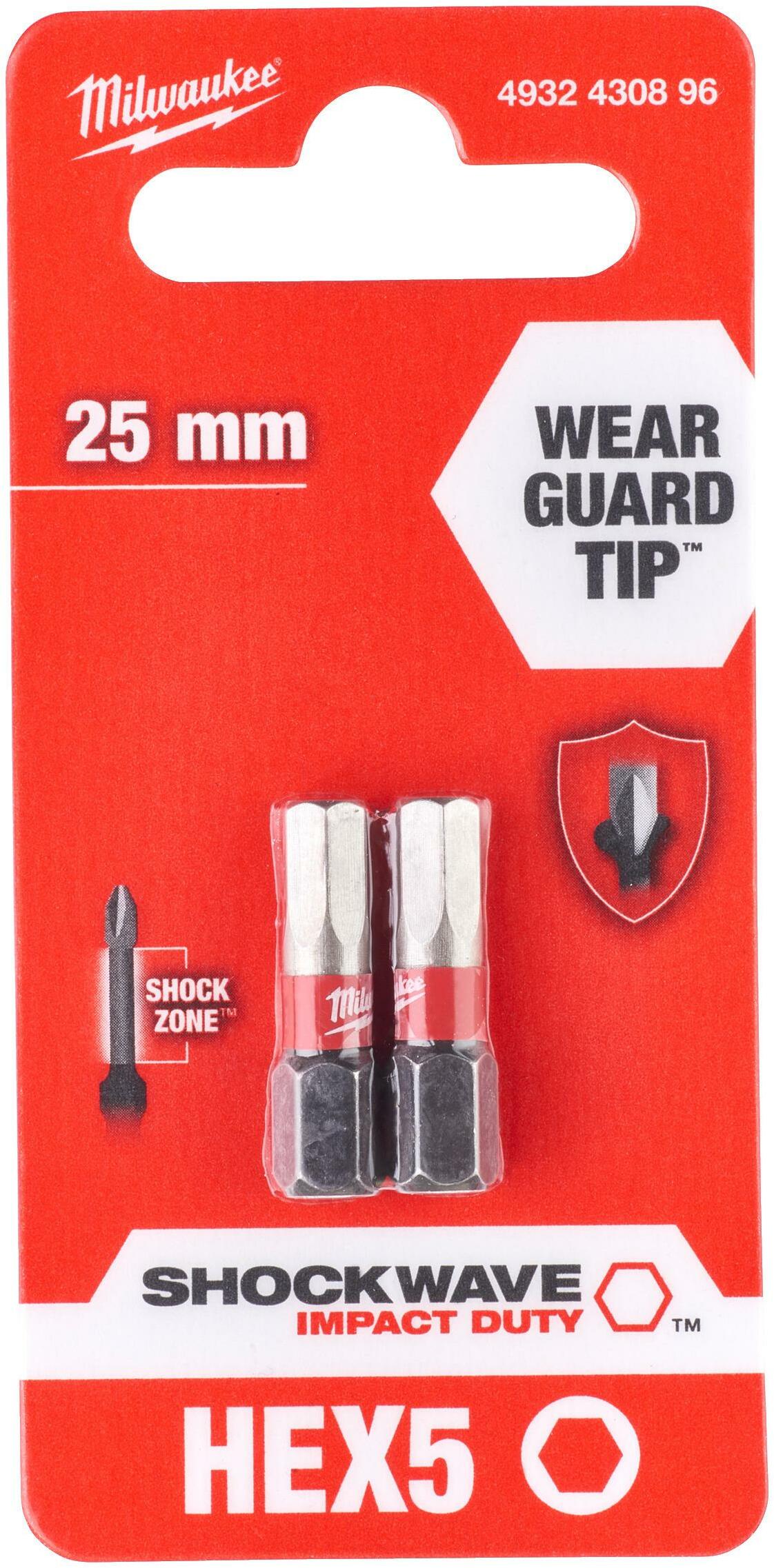 MILWAUKEE 4932430896 SHOCKWAVE IMPACT DUTY screw bit Hex5 25mm (2 pcs ...